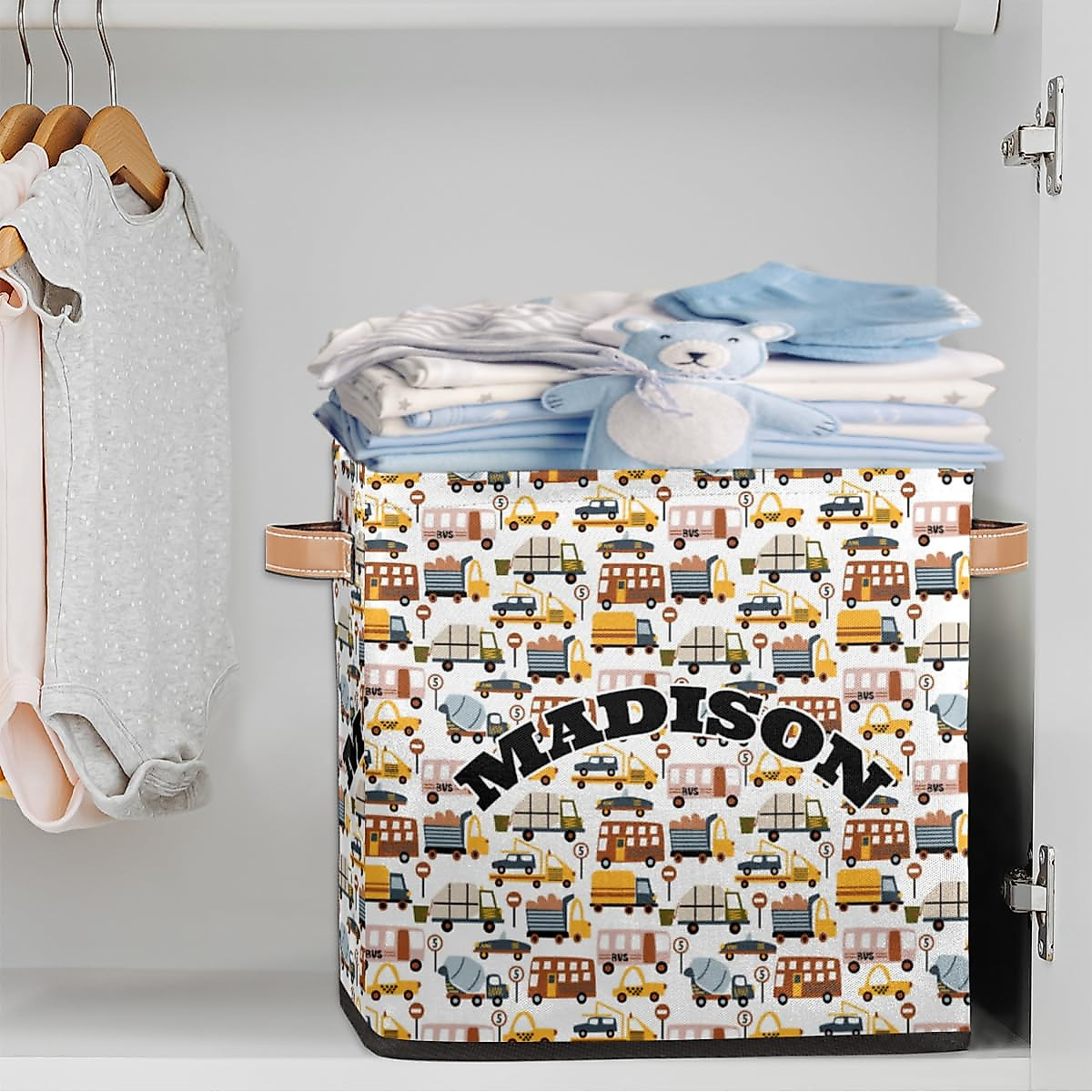 RIRIX Personalized Storage Bin, Custom Storage Baskets for Organizing with Handles, Foldable Storage Box for Closet Cloth Baskes Toy Car and Transportation