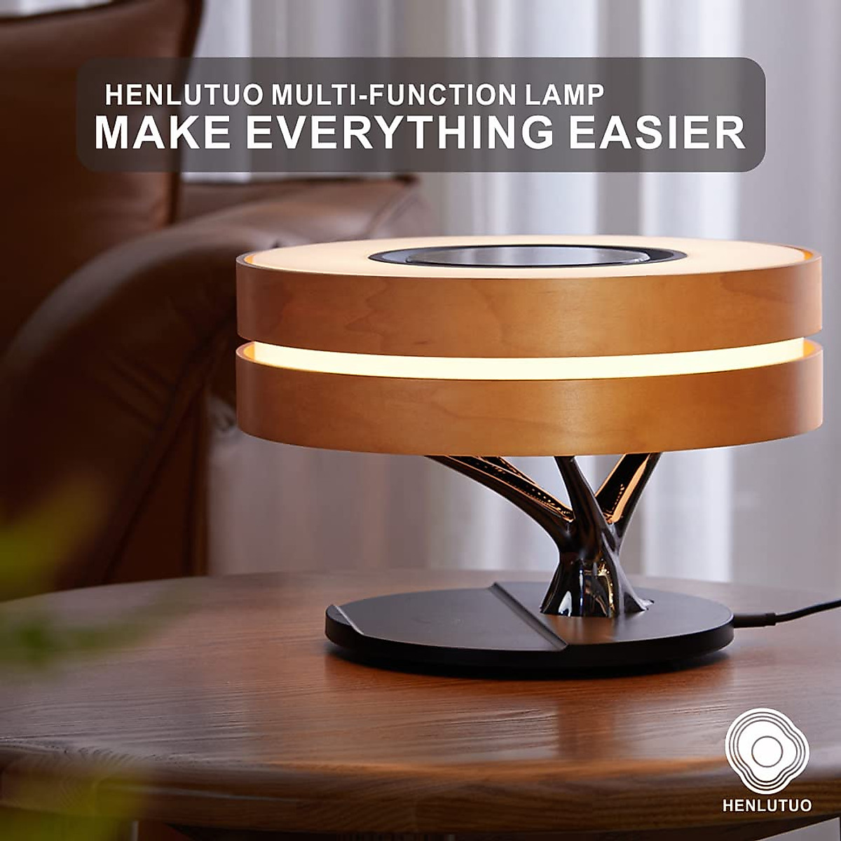 HENLUTUO Maple Log Table lamp with 10W Wireless Charge 2 * 5W Bluetooth Speaker bass LED Light Shade Sleep Mode Smart Touch Slide & Step-Less Dimming Original 3 in 1 Smart Lamp