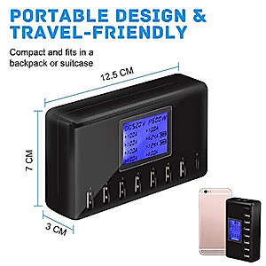 USB Charger, slitinto 60W 12A 8-Port USB Charging Station Multi Port USB Hub Charger Compact Size LCD Display Compatible with iPhone iPad Samsung Kindle Tablet Bluetooth Earbuds and More