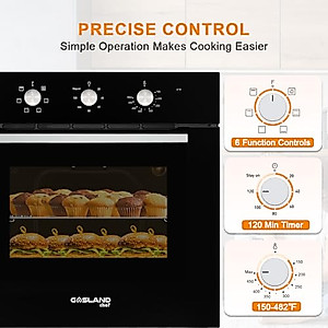 GASLAND 24 Inch Single Wall Oven, 24'' Built-in Electric Ovens, 240V 3240W 2.3Cu.ft 5 Cooking Functions of Grill Conventional Timer, CSA Approved, Black Glass