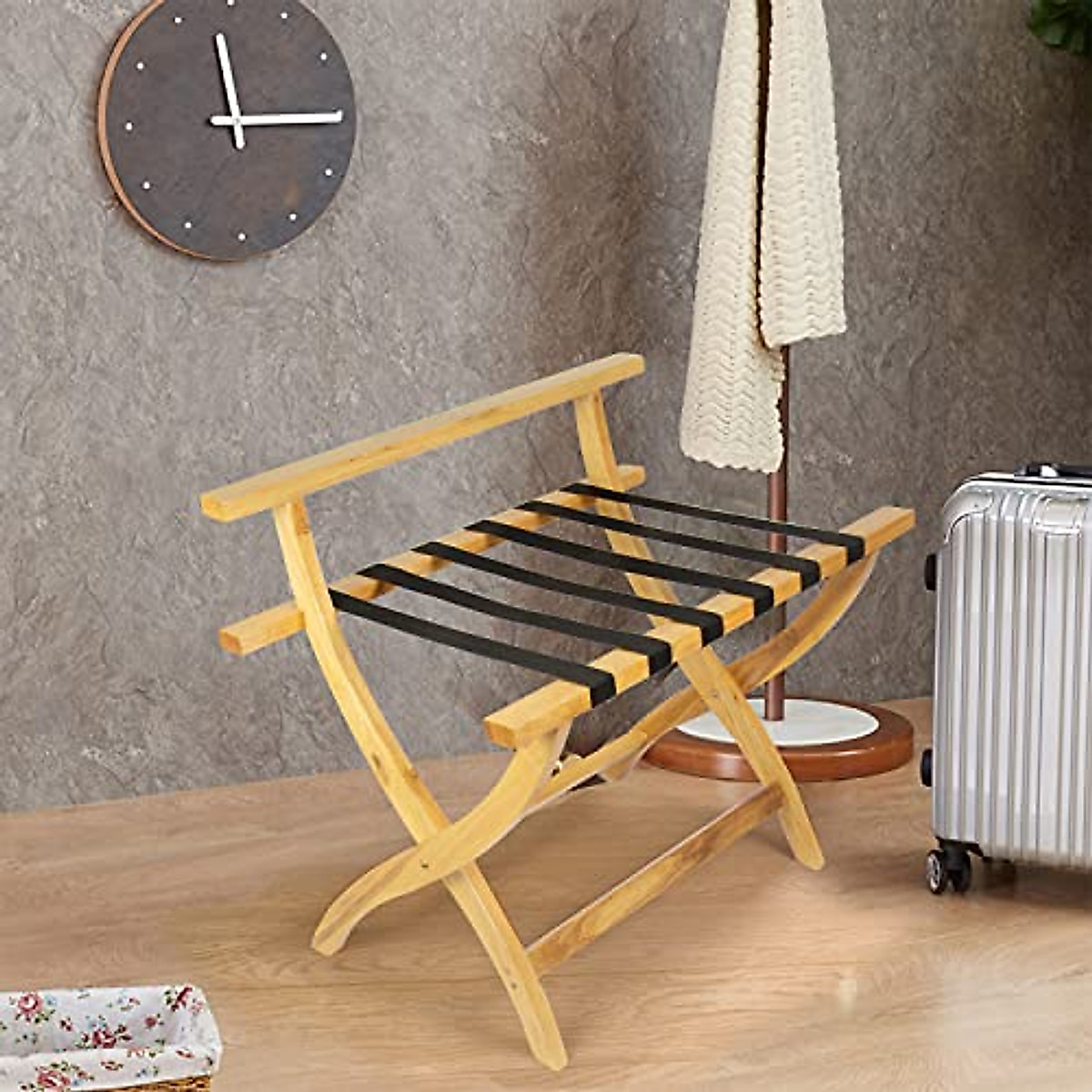 MYOYAY Luggage Rack Wooden, Folding Suitcase Luggage Stand Curvy Legs with Nylon Straps Luggage Stand for Bedroom Hotel Guest Room 29.92" x 20.87" x 26.38"
