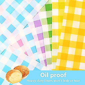 Whaline 240Pcs Plaid Wax Paper Checkered Greaseproof Waterproof Paper Liners 6 Colors Food Wrapping Paper Basket Liner Sandwich Paper Wraps for BBQ Picnic Festival Party Fast Food, 12 x 12 Inch