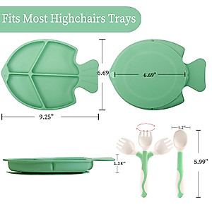 NICINGU Baby Feeding Dish Sets with Spoon and Forks,NICINGU 3 Pcs/Sets Divided Silicone Suction Plates Utensils for Toddler Kids BPA Free Microwave Dishwasher Safe-Plate Green Fish Sets…