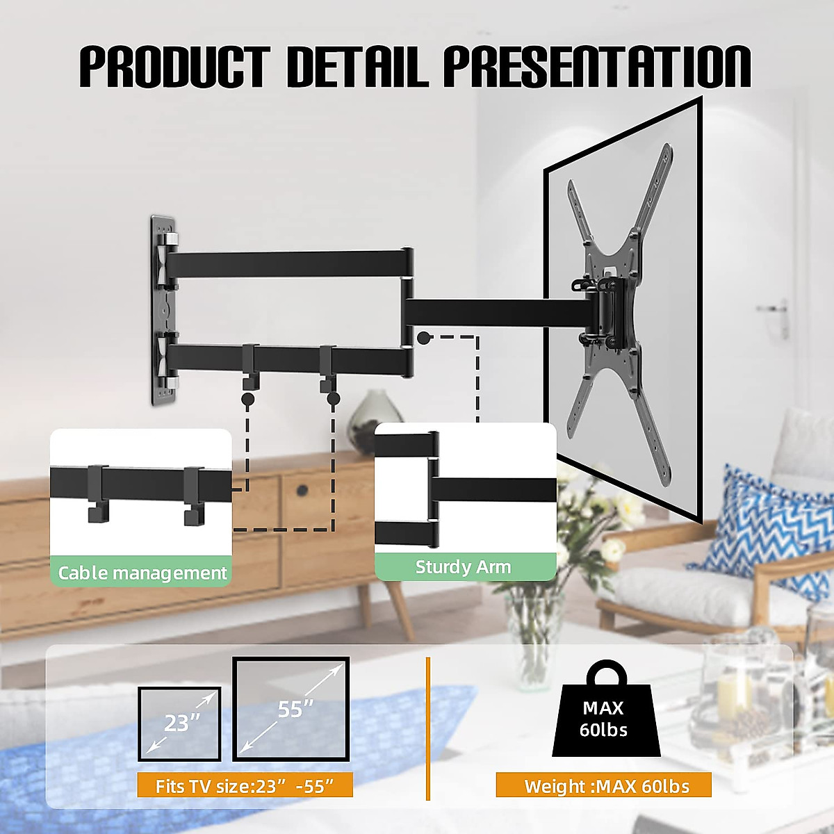 Mount Plus MP-L28-400 Long Arm Full Motion TV Wall Bracket with 28 inch Extension Articulating Arm | Fits Screen Sizes 23 to 55 Inch | VESA 400x400mm Compatible (28" Extension 19" to 55" TV)