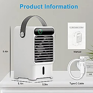 Mini Air Conditioner Portable, Personal Air Cooler Fan with 3 Wind Speeds, Evaporative Humidifier, LED Light, Timing - Small AC Misting Fan USB for Home Room Bedroom Office Desk, 500ml Water Tank, 6W