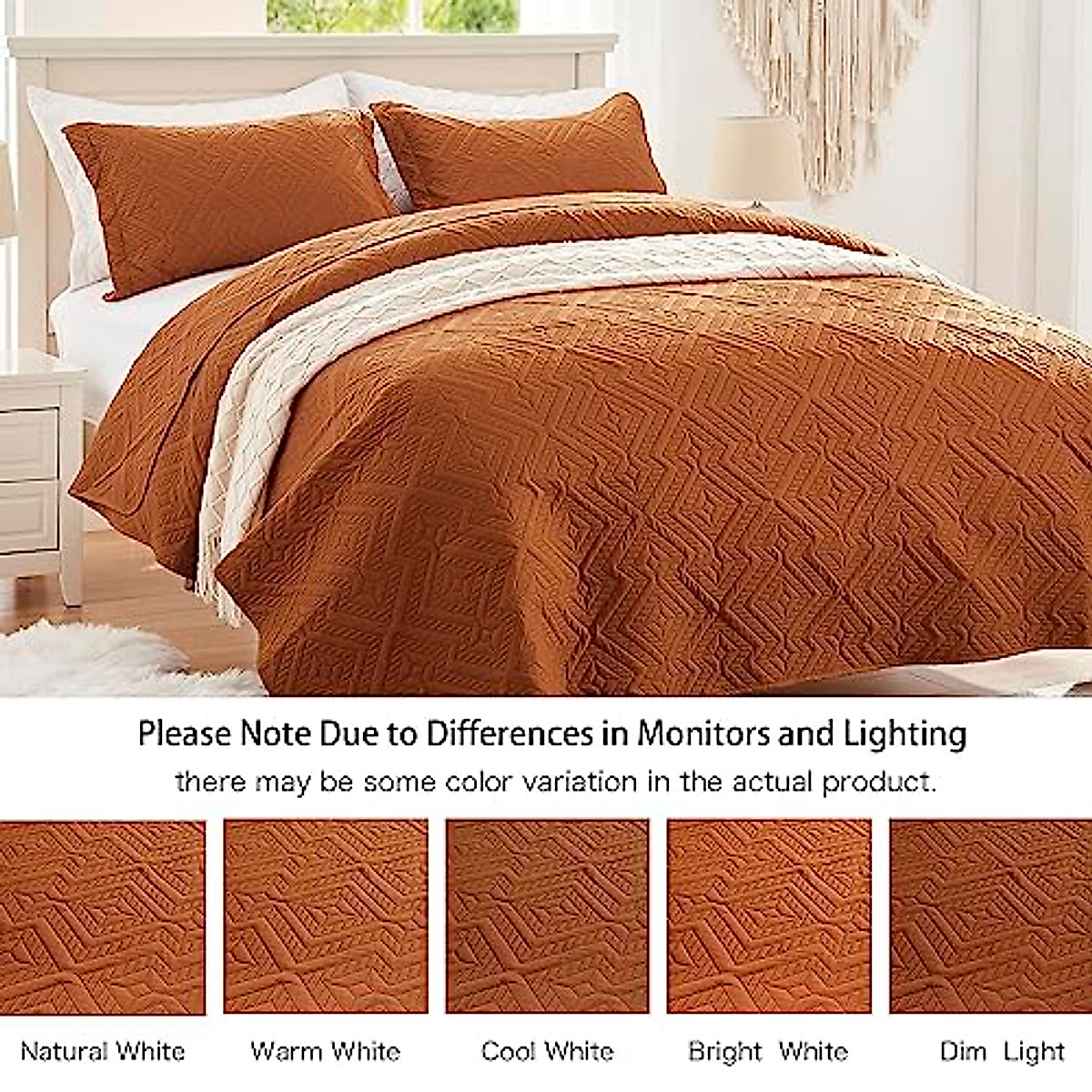 Full Queen Size Burnt Orange Rust Quilt Set - Lightweight 3-Piece 90''x98'' Bedspread Coverlet with Checkered Pattern, Soft Warm Microfiber Bed Cover for All Seasons (1 Quilt, 2 Pillow Shams)