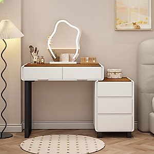 HOMEHIGH Vanity Desk with Mirror and Lights, Dressing Table with 5 Drawers and Adjustable Cabinet, Makeup Vanity Desk with 3 Lighting Modes for Bedroom, Makeup Room