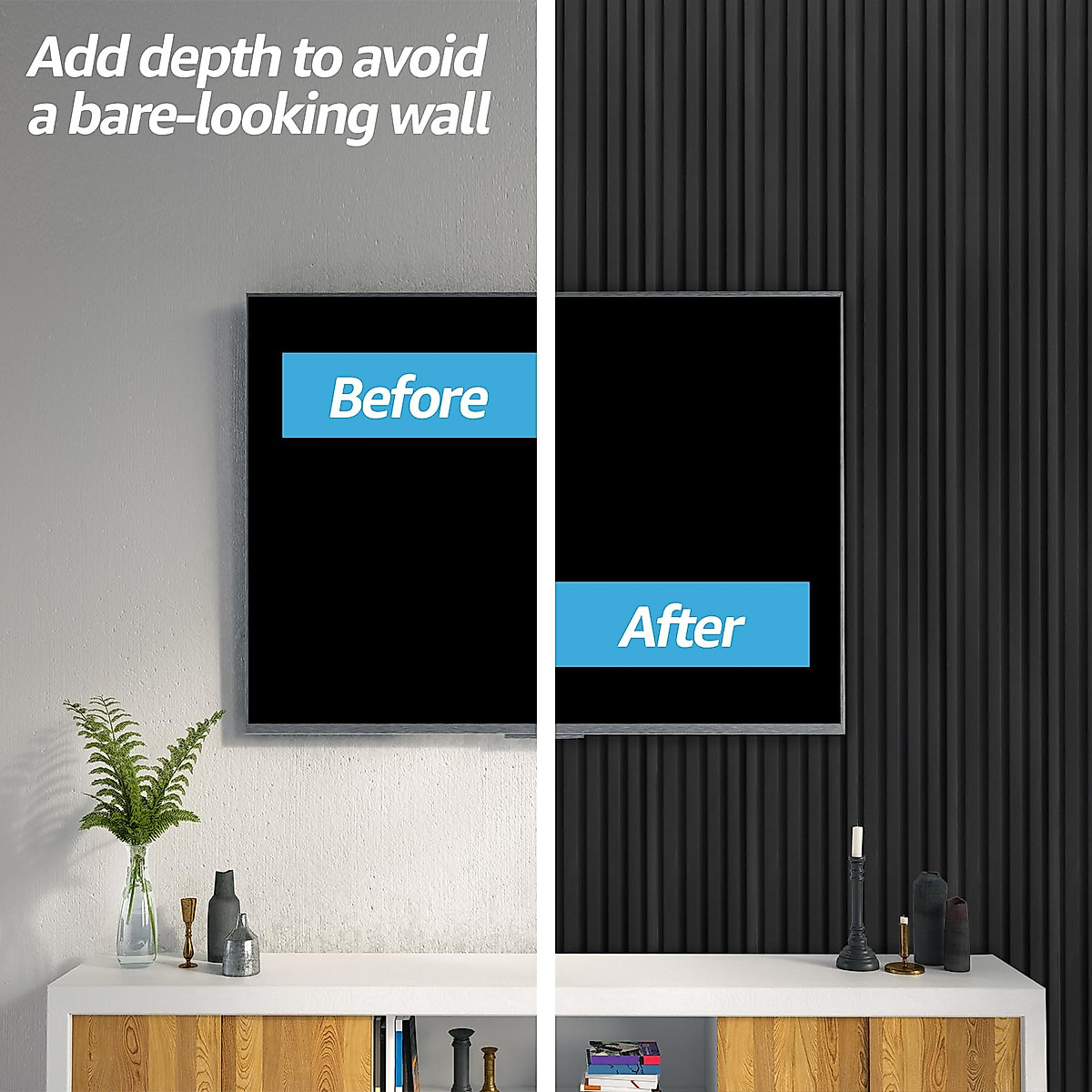 Art3d WPC Wainscoting Panels, 16-Pack 48 x 6 Inch 3D Wall Accents for Interior Wall Decor, Living Room, Bedroom, Black