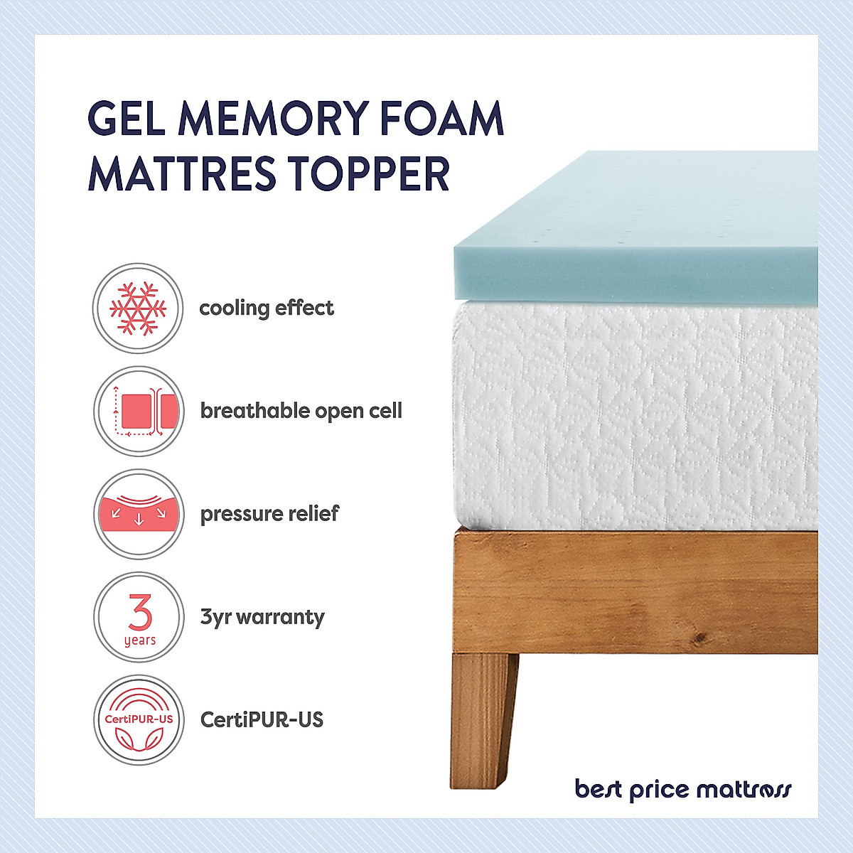 Best Price Mattress 4 Inch Ventilated Memory Foam Mattress Topper, Cooling Gel Infusion, CertiPUR-US Certified, Short Queen Light Blue