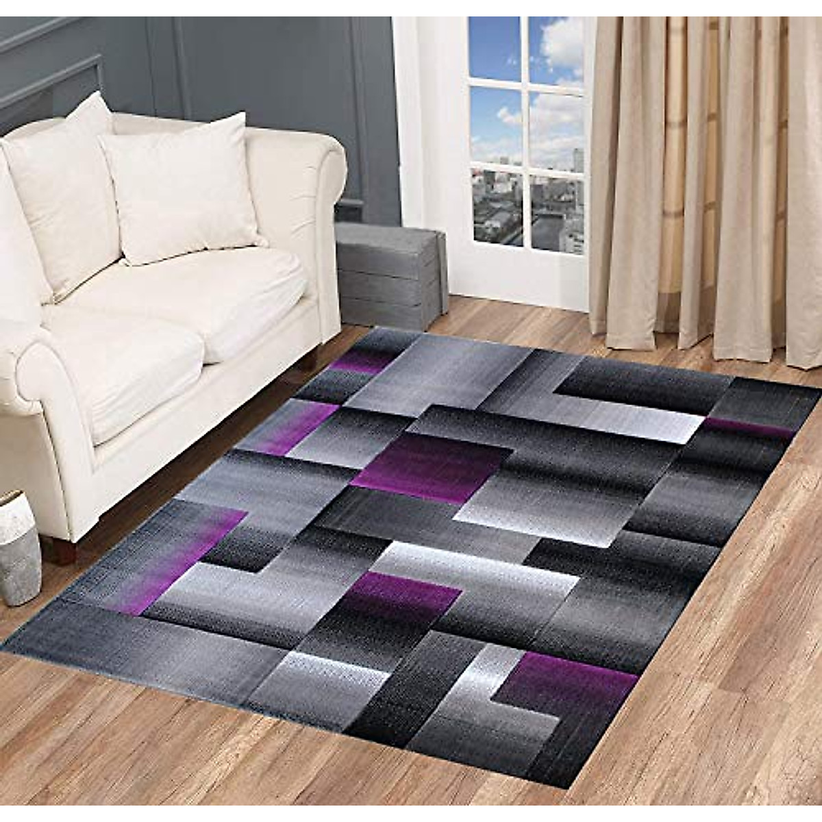 Champion Rugs Modern Geometric Abstract Boxes and Squares Purple Grey Black Carpet Bedroom Living Room Contemporary Dining (5’ 3” X 7’ 5”)
