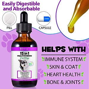 15 in 1 Dog Multivitamin Drops for Dogs - Dog Vitamins & Supplements Natural Dog Multivitamins and Minerals - Glucosamine, MSM for Skin & Coat, Heart Health, Bones, Joint, Immune System Support