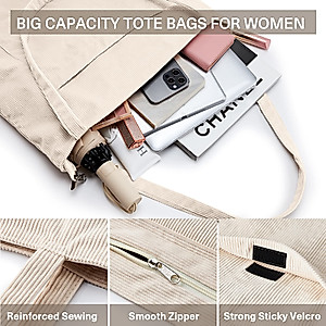 KALIDI Women Corduroy Tote Bag Large Shoulder Tote Bag with Zipper Pocket Casual Hobo Handbag Big Capacity Shopping Work Bag