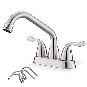 Phiestina Brushed Nickel Utility Sink/Laundry Faucet, 4 Inch Centerest 2 or 3 Hole Rotatable Swivel 360° Spout with Threaded End, with Water Supply Line, BF25-7-BN