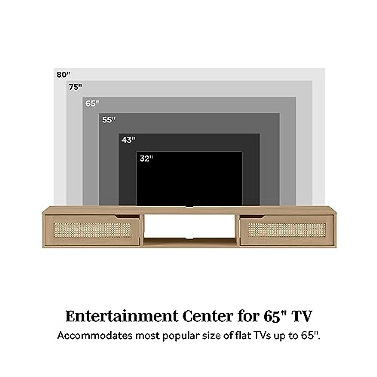 Walker Edison Modern Rattan Flip-Down-Door Wall-Mounted Floating Stand for TVs up to 80 Inches, 70 Inch, Coastal Oak