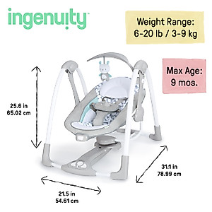 Ingenuity ConvertMe 2-in-1 Compact Portable Automatic Baby Swing & Infant Seat, Battery-Powered Vibrations, Nature Sounds, 0-9 Months 6-20 lbs (Raylan)