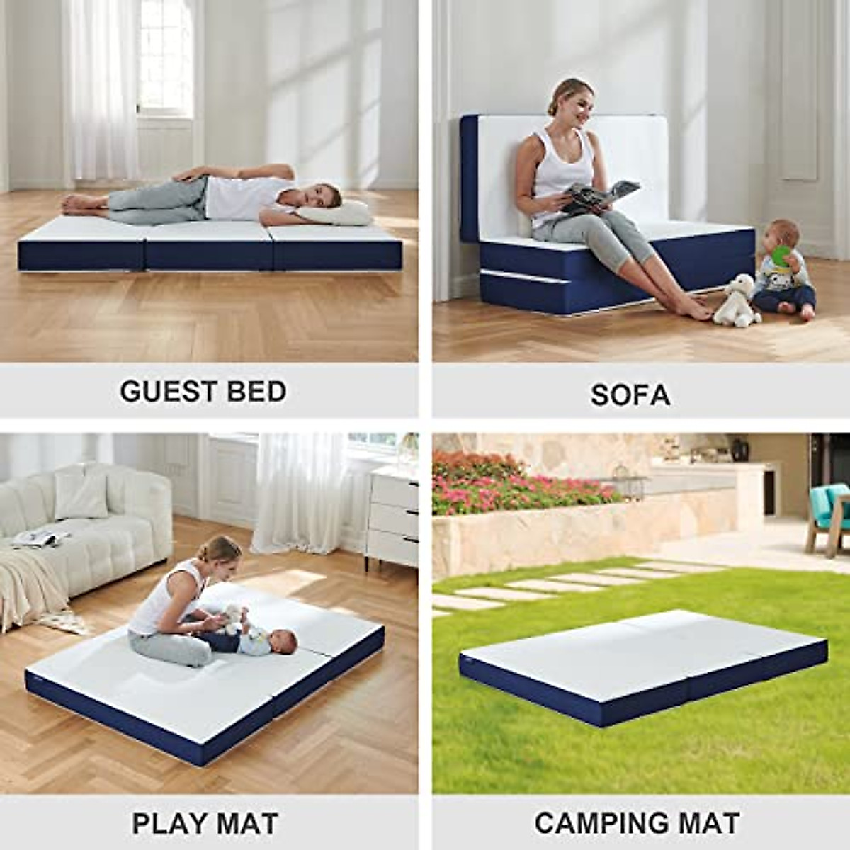 Molblly Folding Mattress, 6 inch Memory Foam Tri Folding Mattress, Portable Trifold Mattress Topper with Breathable & Washable Cover, Foldable Mattress Guest Bed for Camping, Queen Size - 58"x 78"x 6"
