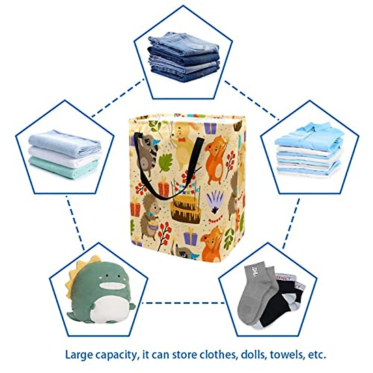 Birthday Cake Gifts and Animals Print Collapsible Laundry Hamper, 60L Waterproof Laundry Baskets Washing Bin Clothes Toys Storage for Dorm Bathroom Bedroom