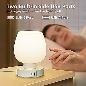 Touch Bedside Table Lamp - Small Lamp for Bedroom with USB C+A Charging Ports 3 Way Dimmable, Nightstand Desk lamp with White Opal Glass Lamp Shade Warm LED Bulb Included, Simple Design Gifts
