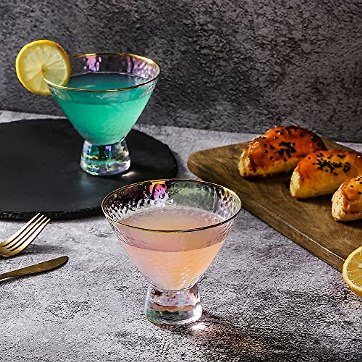 Lysenn Iridescent Stemless Martini Glasses Set of 2 - Premium Hammered Cocktail Glasses for Weddings, Anniversary, Christmas, Party - 7.7oz Gold Rim