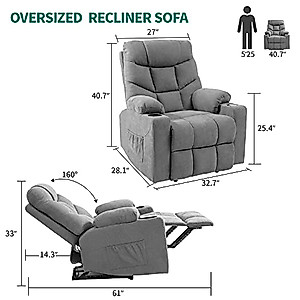 YITAHOME Recliner Chair with Wireless Charging, Electric Power Recliner Chair with Massage for Elderly, Fabric Reclining Loveseat with USB Ports, Side Pocket, Remote Control，Grey