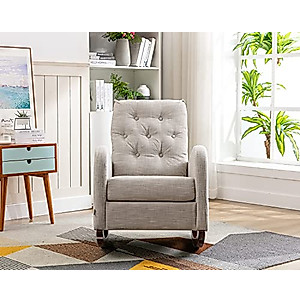 Modern Accent Rocking Chair, Upholstered Nursery Glider Rocker for Baby and Kids, Comfy Armchair with Side Pocket, Living Room Lounge Arm Chair, High Backrest with Decorative Buttons, Light Grey