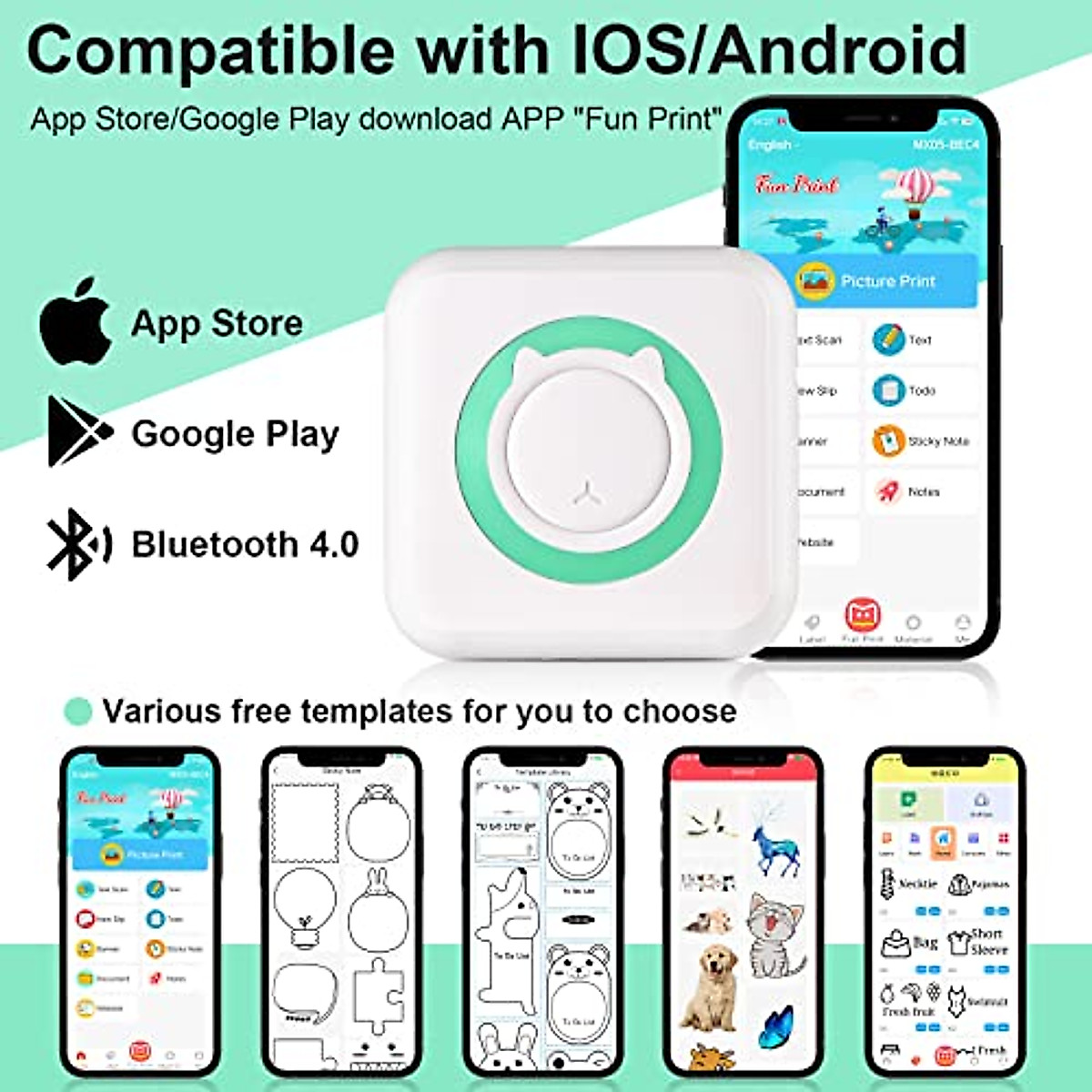 myuiojpn Portable Wireless Printer Mini Pocket Bluetooth Thermal Printers with 6 Rolls Printing Paper Compatible with Android iOS Smartphone for Label Receipt Photo Notes and Memos