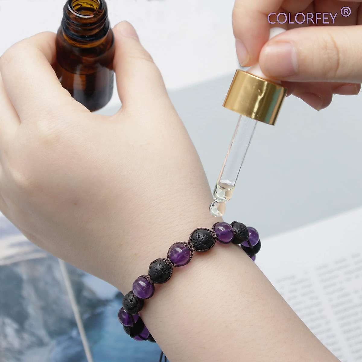 Natural Amethyst Beaded Bracelets for Women, COLORFEY Real Amethyst Lava Stone Crystal Bracelets Unique Handmade Bracelets Valentines Gifts for Wife, Protection Energy Beads Crystal Jewelry for Women