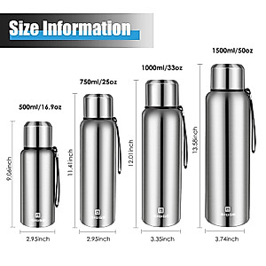 Insulated vacuum Thermo Bottle 750ml/25.4oz with cup Stainless steel coffee bottles for hot and cold drink water flask.(Silver,750ml)
