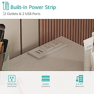 KAI-ROAD White Makeup Vanity Desk with Chair no Mirror, Small Vanity Table with Fabric Drawers, Power Outlet & Stool Without Mirror, Modern Make Up Desk Set for Bedroom