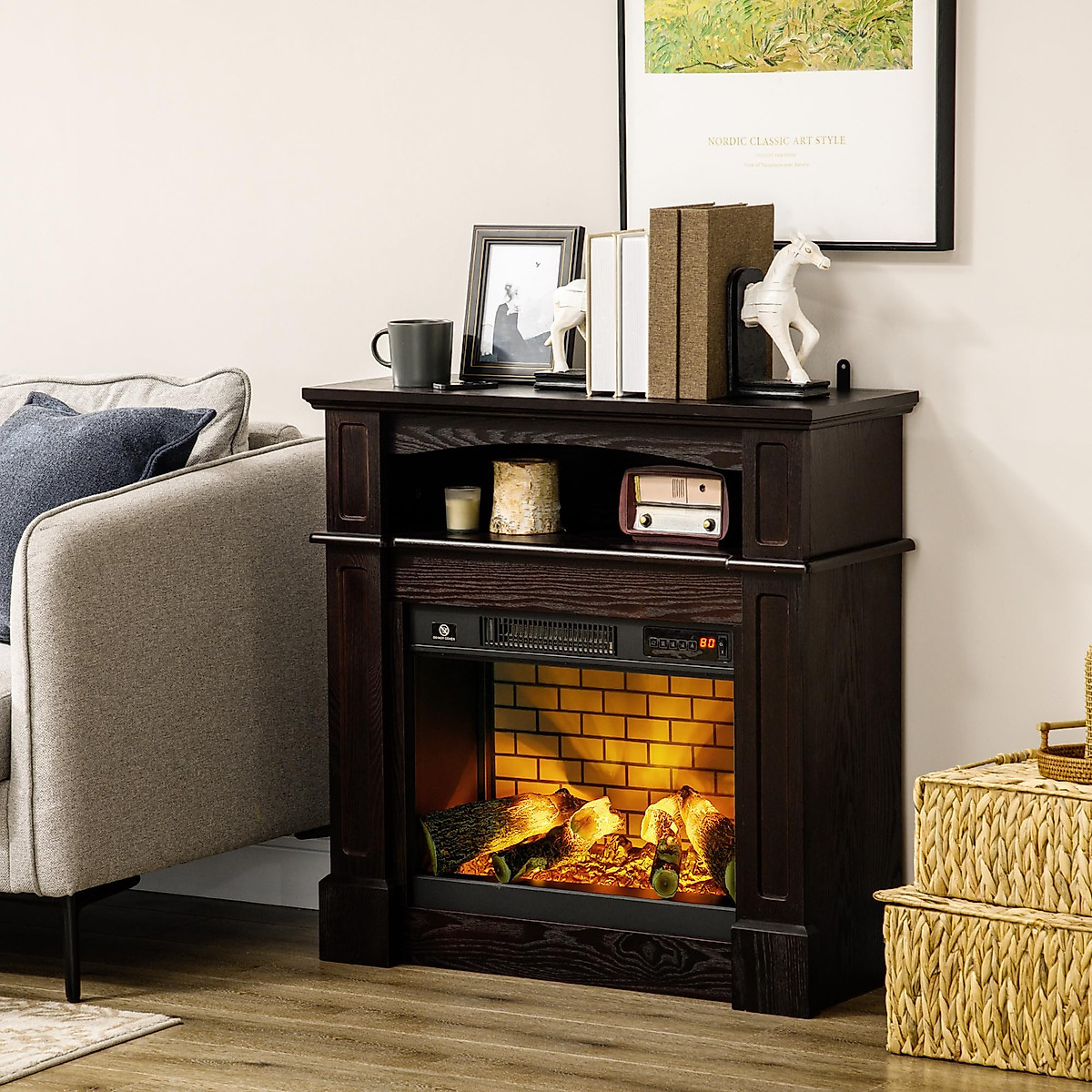HOMCOM 32" Electric Fireplace with Mantel, Freestanding Heater with LED Log Flame, Shelf and Remote Control, 1400W, Brown