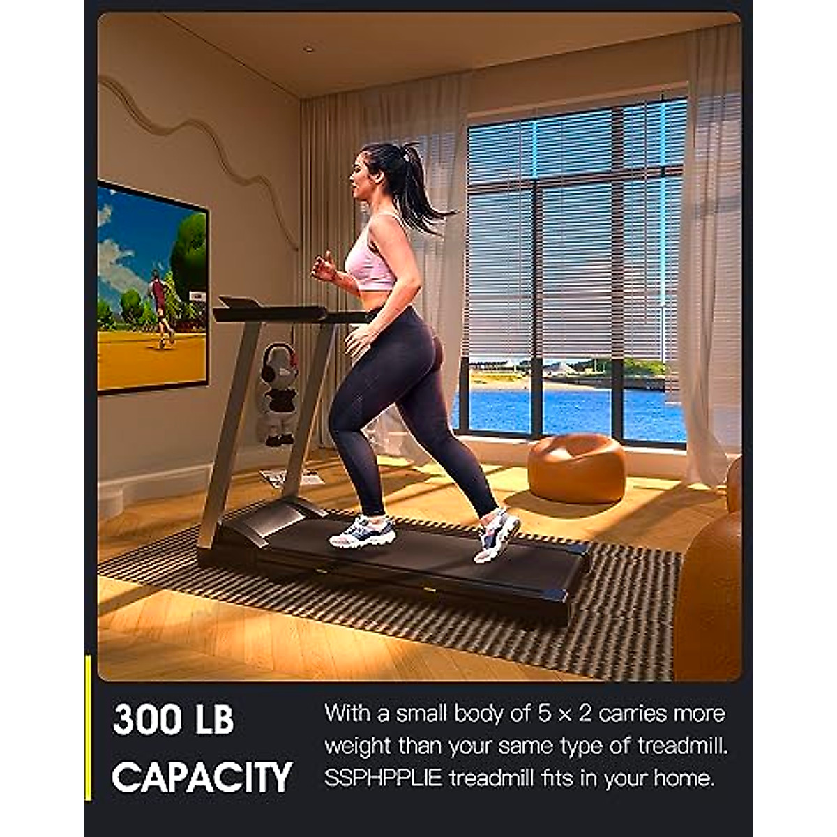 SSPHPPLIE 300 lb Capacity Foldable Treadmill - 3.0HP Portable Folding Treadmills for Home & Office, with Online Events, 12 Programs(App) (Yellow Logo)