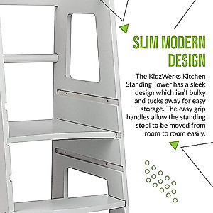 KidzWerks Child Standing Tower Kids Kitchen Step Stool Toddler Wood Stepping Stool, Children's Counter Height Learning Stools, Adjustable Platform, Gray