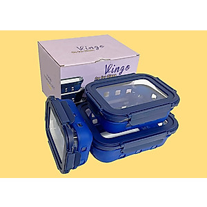 VINGO Glass Food Storage Container with Silicone Sleeve and Leak Proof Airtight Lids, Rectangular shape - 6 Pc Set (3 Containers - 3 Matching Lids) Blue