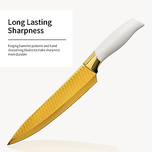 Knife Set, Non Stick Thick and Sharp Stainless Steel Kitchen Knives Set with Wood Block, 14 Pcs Cutlery Knives Block Set with Steak Knife, Bread Knife, Scissors, Chef Quality, White Handle Gold Blade