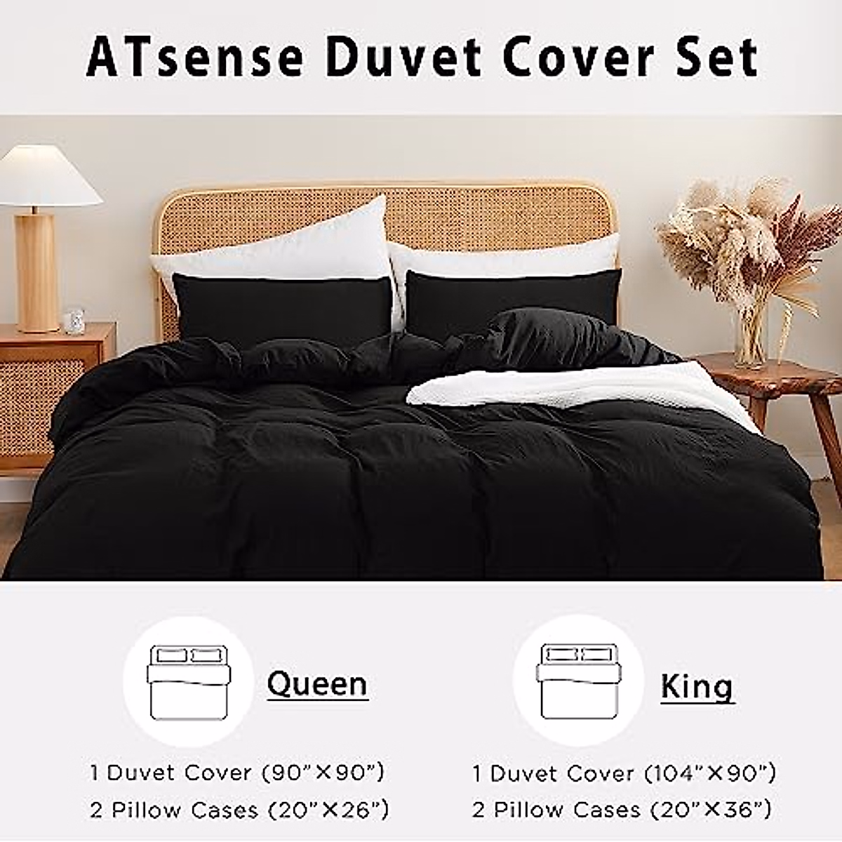 ATsense Duvet Cover Queen Size, Super Soft 100% Washed Microfiber 3 Piece Black Comforter Cover Bedding Set with Zipper Closure, 1 Duvet Cover 90x90 and 2 Pillowcases