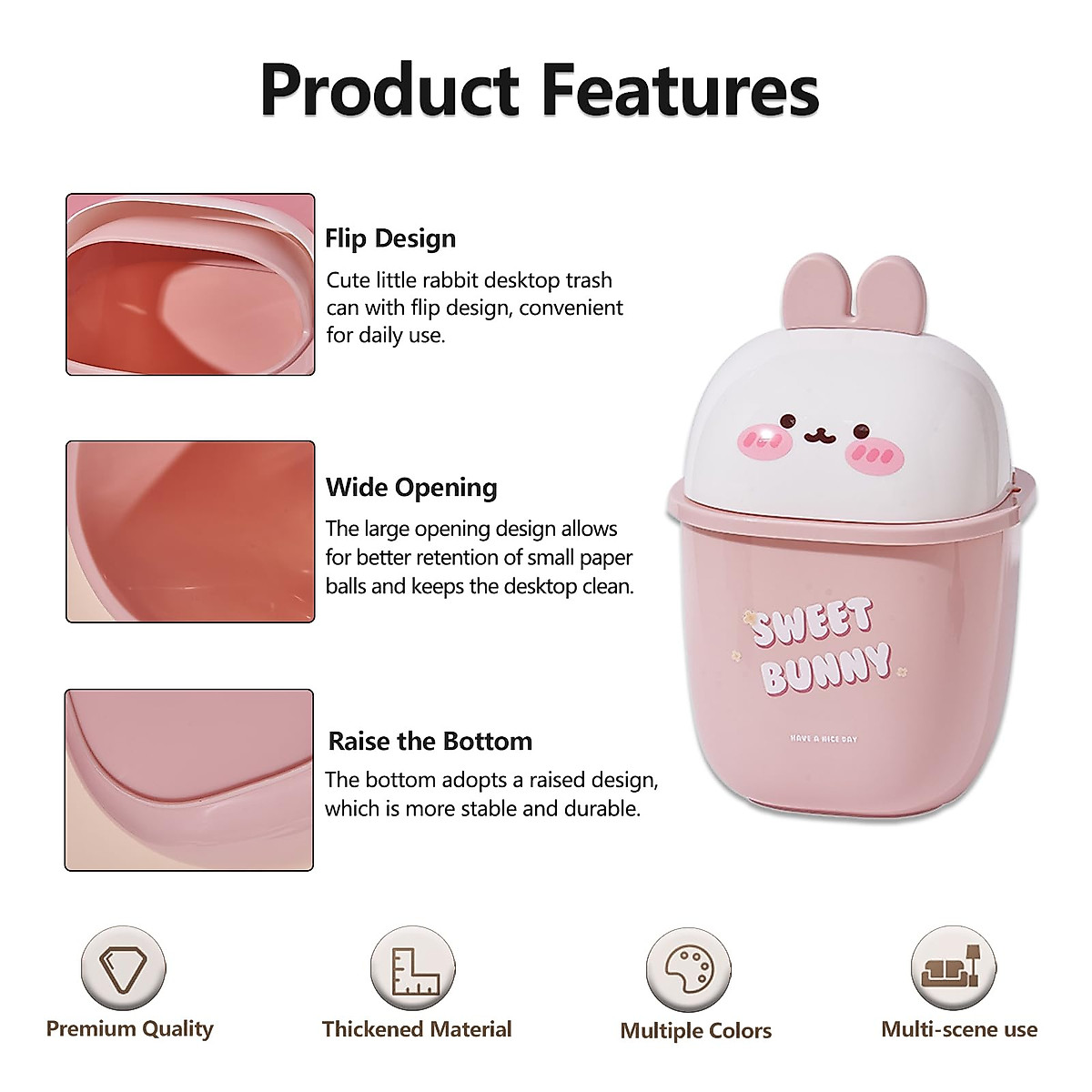 Benshukam Mini Trash Can with Lid Cute Rabbit Desktop Flip Small Trash Can 0.35 Gallons Countertop Garbage Cans for Bathrooms, Kitchens, Offices, Waste Basket for Dressing Table (White)