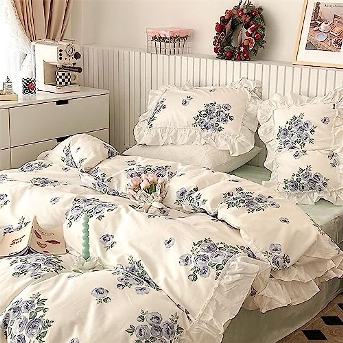 JamChe Lovely Pastoral Style Ink Paint Embroidered Flower Ruffle Lace Bedding 100% Cotton Quilt Cover Sheet Four Piece Set,L,14,Queen 180cm Bed 4pcs