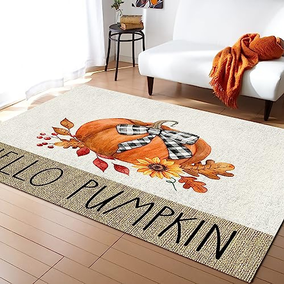 OComster Thanksgiving Rectangle Shape Large Area Rugs - 4 x 6 Feet Fall Hellow Pumpkin Bow Orange Burlap - (Non-Woven + Rubber) Low File Floor Mat