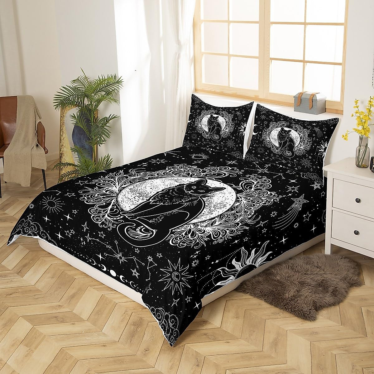 Mysterious Cat Bedding Set Twin Size 2 Pcs,Boho Exotic Tribal Abstract Art Duvet Cover for Kids Teens Bed Comforter Cover Set,Full Moon Galaxy Starry Duvet Cover Set for Home Decoration(No Filler)