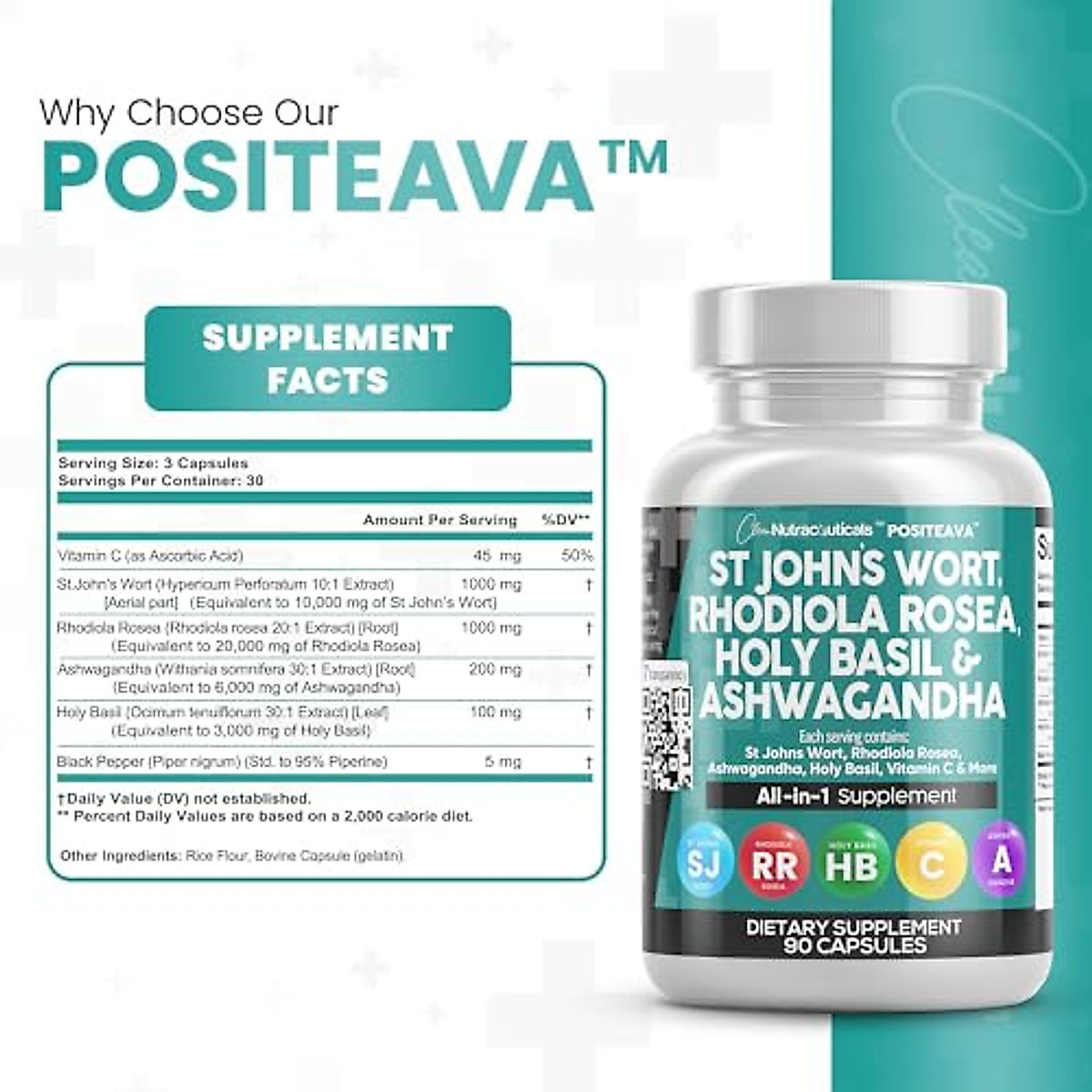 Clean Nutraceuticals St Johns Wort 10000mg Rhodiola Rosea 20000mg Holy Basil 3000mg Ashwagandha 6000mg - Mood Support for Women and Men with Vitamin C & Black Pepper Extract - 90 Caps