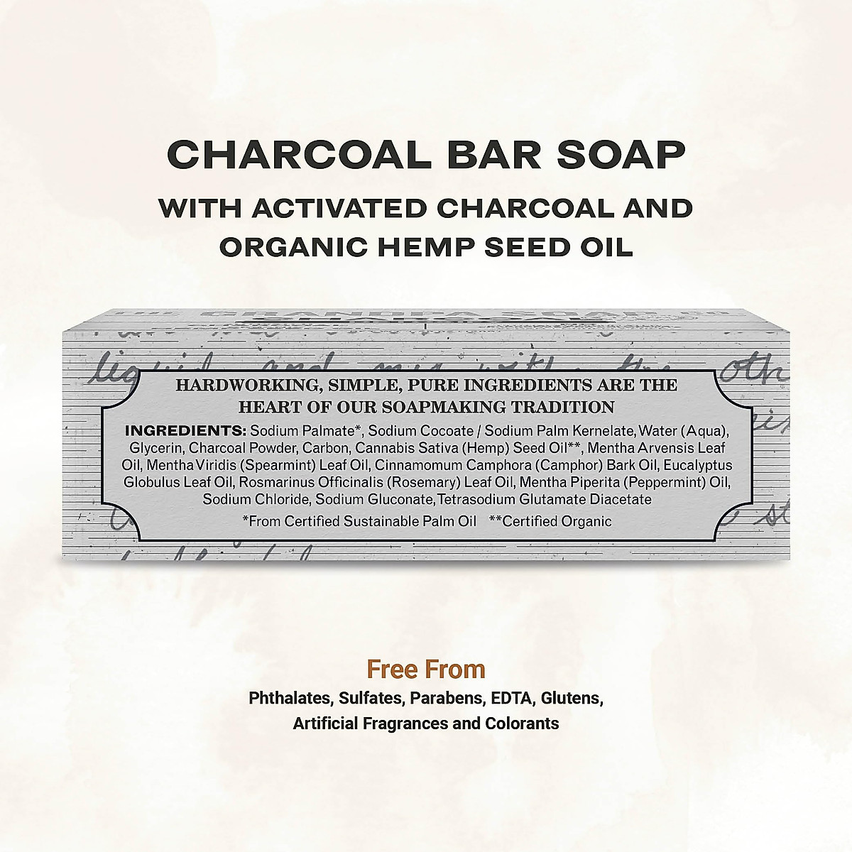 The Grandpa Soap Company Charcoal Bar Soap - With Activated Charcoal Hemp Seed and Mint Oil, Detoxifies, Draws Out Dirt and Toxins, Clear Congested Pores, Vegan, 4.25 Oz, 3 Pack