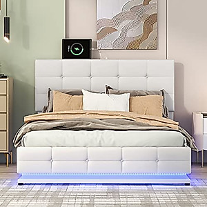 Full Size Lift Up Storage Bed/with Storage and LED Light Button Tufted Wingback adjustable headboard and USB Charger, Hydraulic Storage System for Kids Teens and Adults, No Box Spring Needed (White)