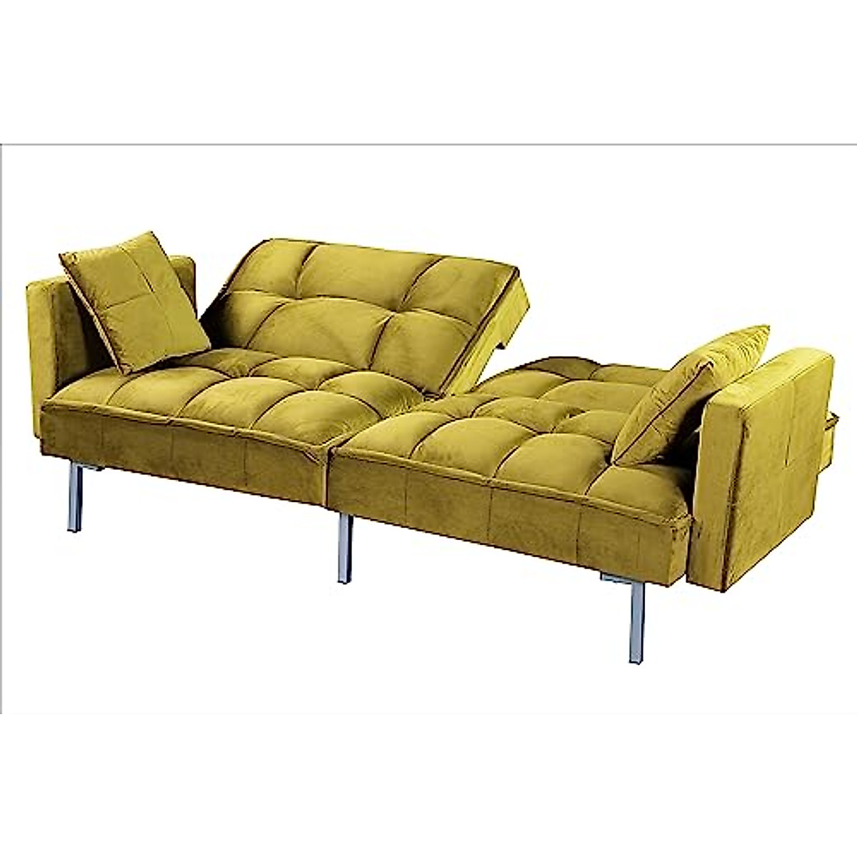 Container Furniture Direct Regal Convertible Sleeper Sofa Bed, Velvet Pull Out Couch with Mid-Century Style, Tufted Design and Metal Legs, Ideal for for Guests and Sleepovers, Greenish Yellow