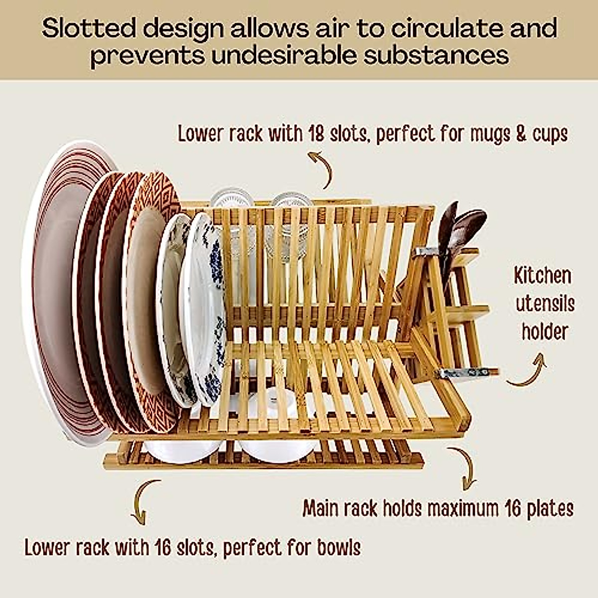 Collapsible Bamboo Dish Drying Rack with Utensil Holder - Convenient Kitchen Storage Solution for Dish Drainer and Messy Countertops