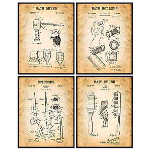 Beauty Salon Patent Art Prints - Vintage Wall Art Poster Set - Chic Rustic Home Decor for Hair Studio, Bathroom, Bedroom - Gift for Women, Stylists, Hairdresser, Fashionista - 8x10 Photo - Unframed