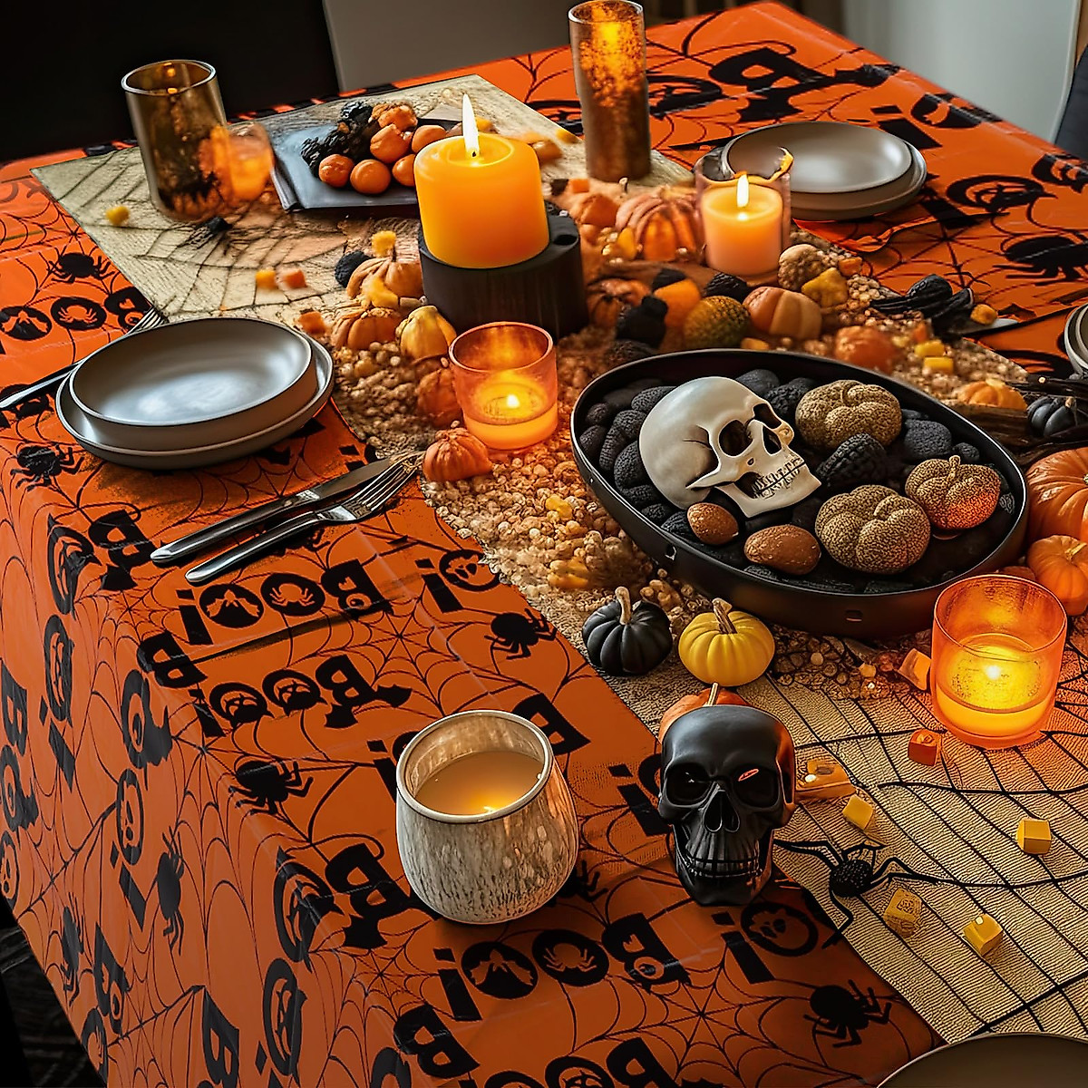 Shellwei 4 Pcs Plastic Tablecloth For Halloween Christmas Thanksgiving Day Tablecloth 54" x 108" Waterproof Table Cover Disposable Banquet Table Cloth for Indoor Outside Home Party (Halloween)