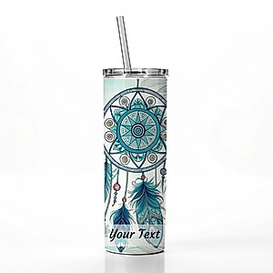 Personalized Custom Name Text Abstract Teal Blue Dream Catcher Southwestern Design Skinny Tumbler 20oz with Straw Insulated Water Bottle Gift - 1 Line Horizontal