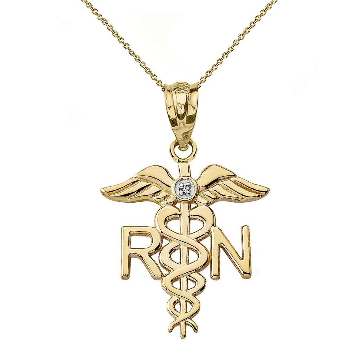 Sideways Crosses 10k Yellow Gold Solitaire Diamond Caduceus RN Charm Registered Nurse Necklace, 16"