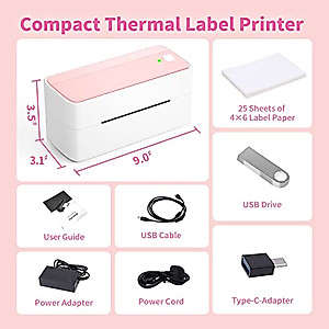 Bluetooth Thermal Label Printer 4X6 - Wireless Shipping Label Printer for Small Business & Packages - Pink Thermal Label Printer Shipping Label Makers, Compatible with iPhone, USPS, Etsy, Amazon