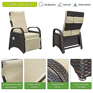 Skypatio Outdoor Recliner Chair Set of 2 PE Wicker Adjustable Backrest Patio Recliner Chair with Side Table Outdoor Reclining Chairs